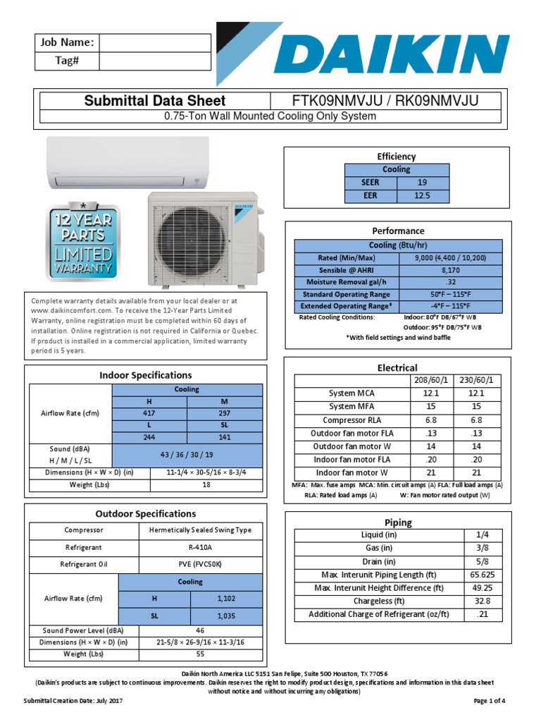 Daikin FTK09NMVJU Specifications Sheet | PDF | Air Conditioning ...