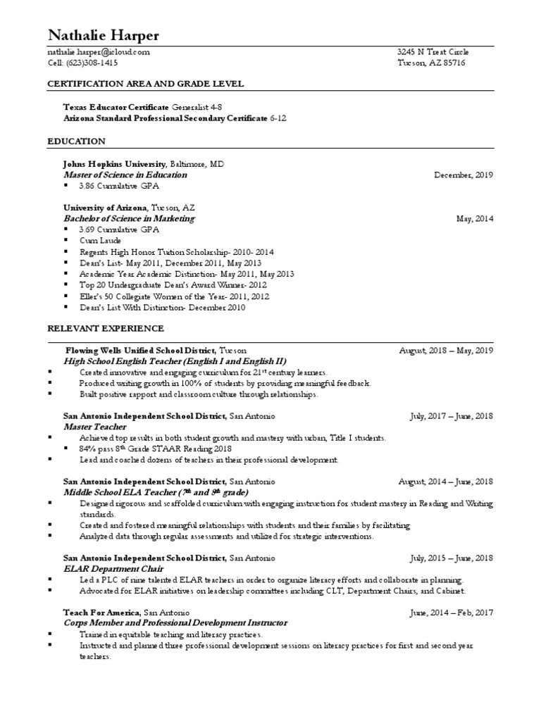 Nathalie Harper Resume 2020 | PDF | Literacy | Teachers