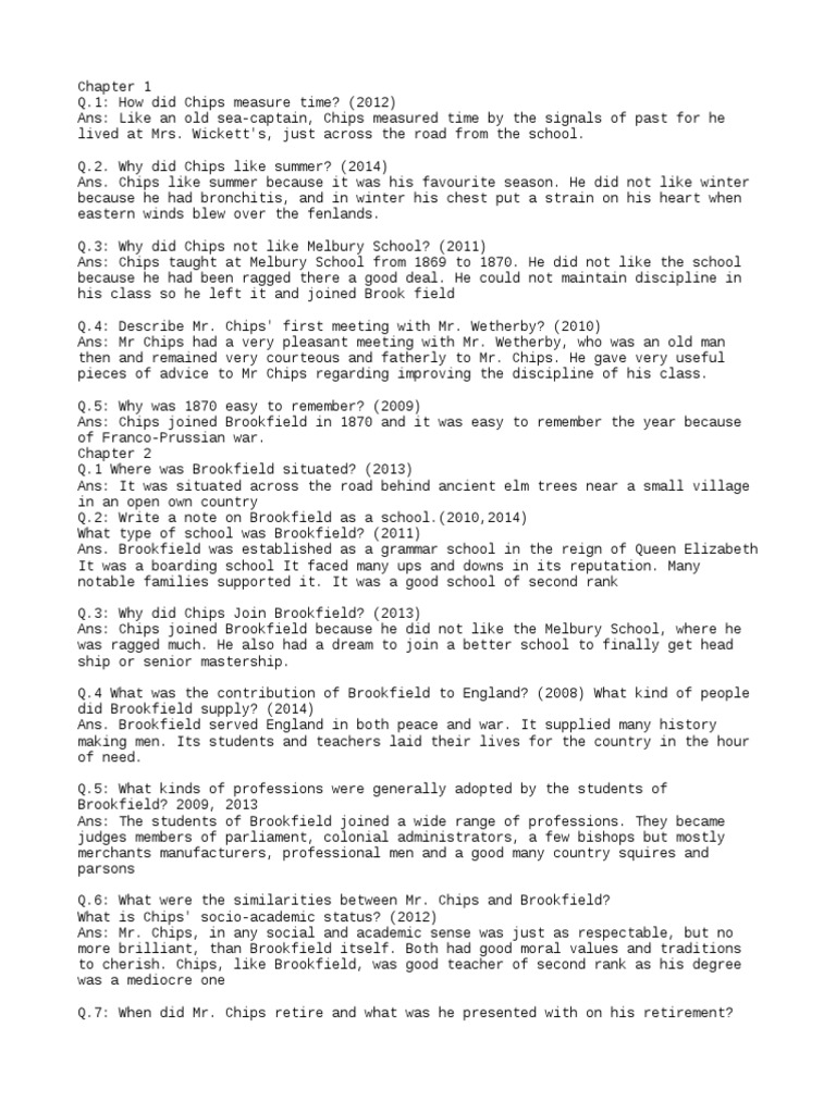 MR - Chips Important Short Question | PDF | George Bernard Shaw | Memory