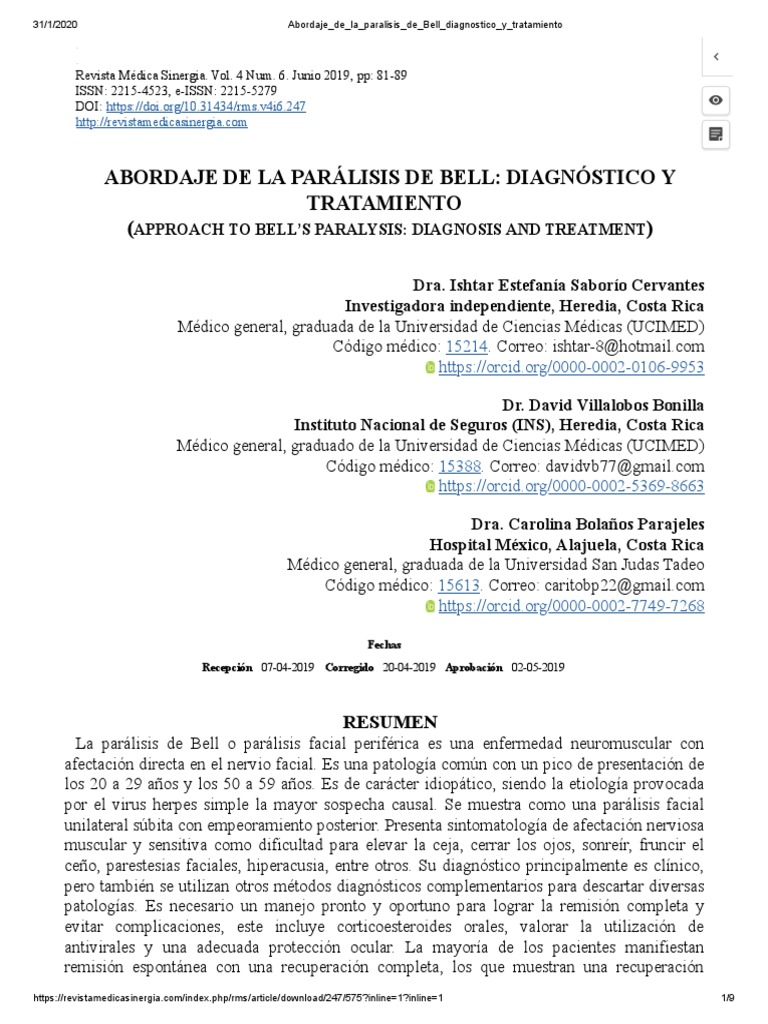Abordaje de La Paralisis de Bell Diagnostico y Tratamiento | Descargar gratis PDF | Enfermedades ...