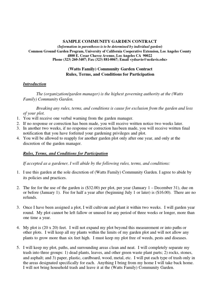 Sample Community Garden Contract From Los Angeles, California | PDF ...