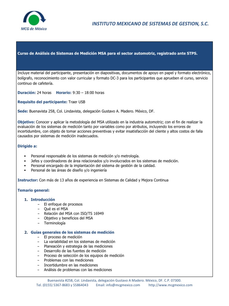 Curso de MSA en Sistemas de Medición | PDF | Medición | Análisis de ...
