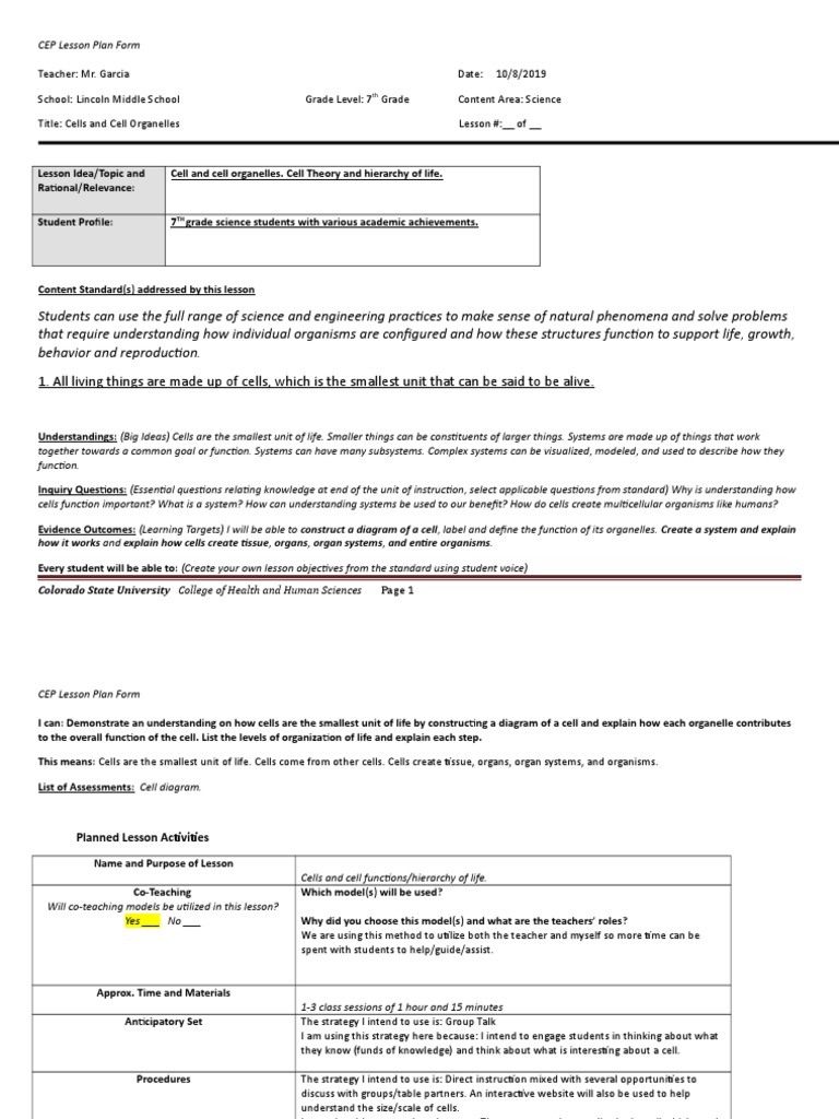 Cep Lesson Plan Cells | PDF | Lesson Plan | System