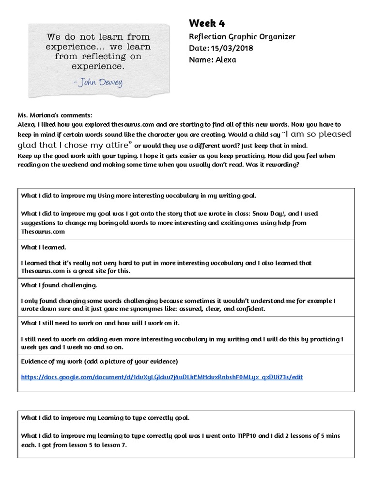 Alexa's Goals Reflection Graphic Organizer | PDF | Vocabulary | Writing