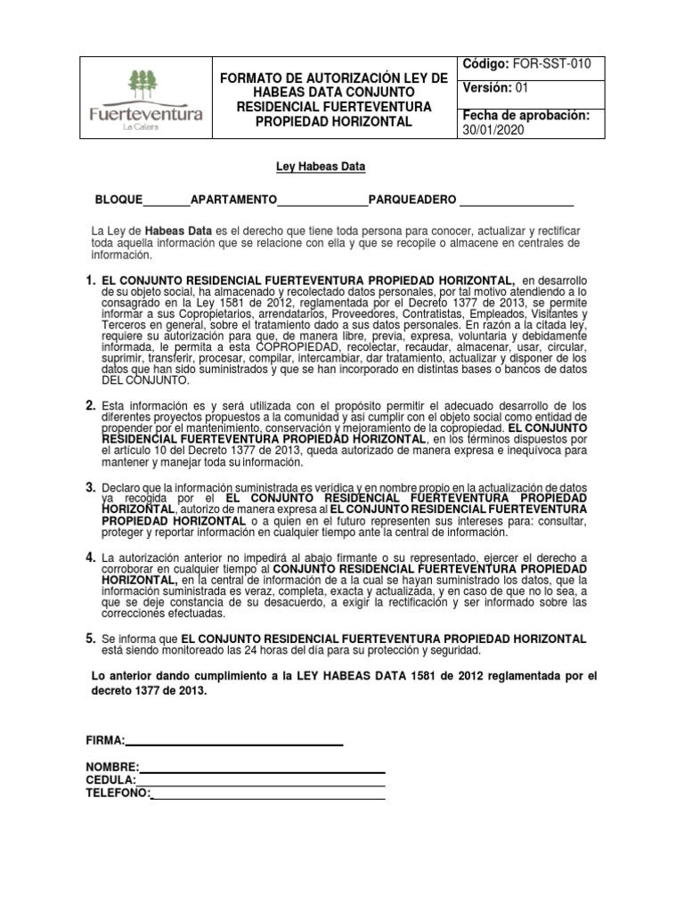 Formato Autorización Ley Habeas Data Conjunto Residencial Fuerteventura ...