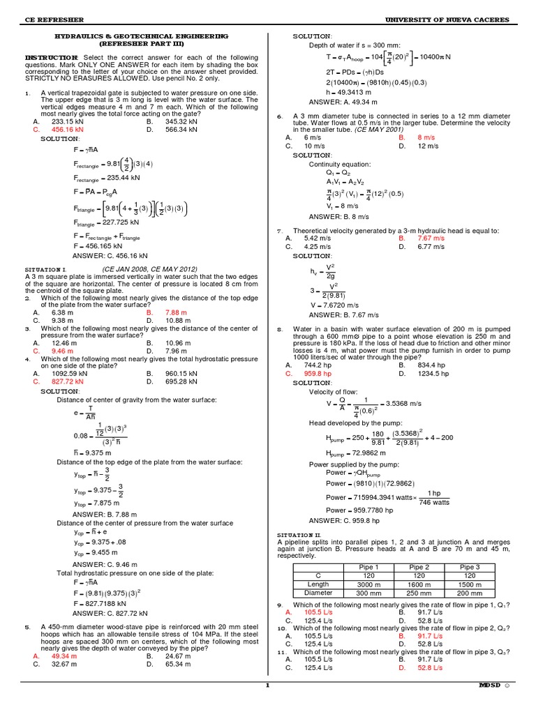 HYDRAULICS GEOTECH CE REFRESHER PART 3 2019 Answers PDF | PDF | Civil ...
