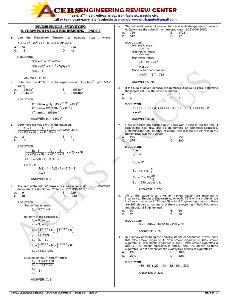 Math Surveying Transpo Focusproblems1 2019 | PDF | Arithmetic Mean | Volume