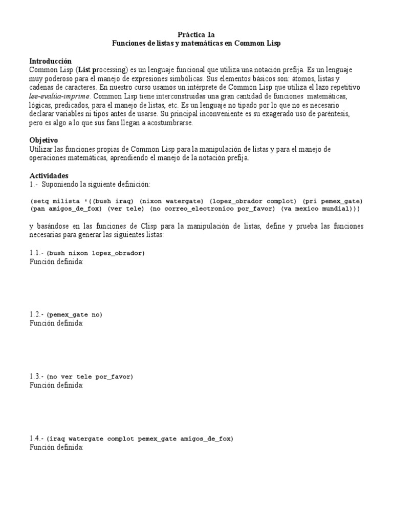 Prac 1 Func Listas Clisp | PDF | Lenguaje de programación | Función (Matemáticas)