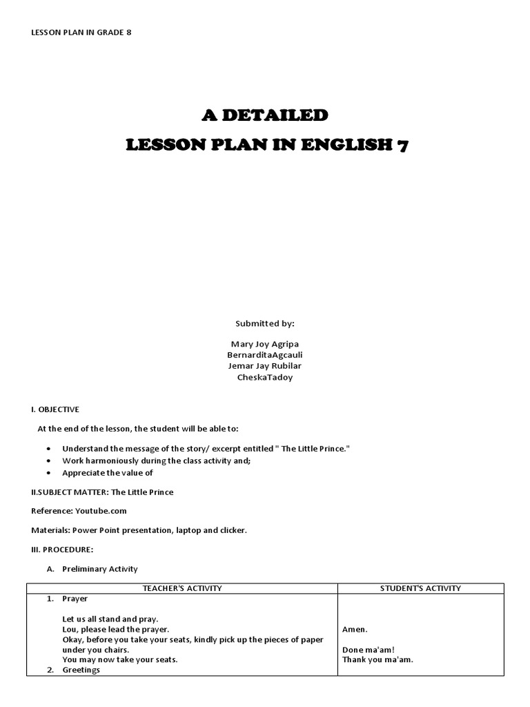 Lesson Plan in Grade 8 | PDF | The Little Prince | Lesson Plan