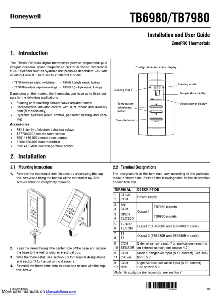 Honeywell Thermostat TB7980 | PDF | Thermostat | Switch