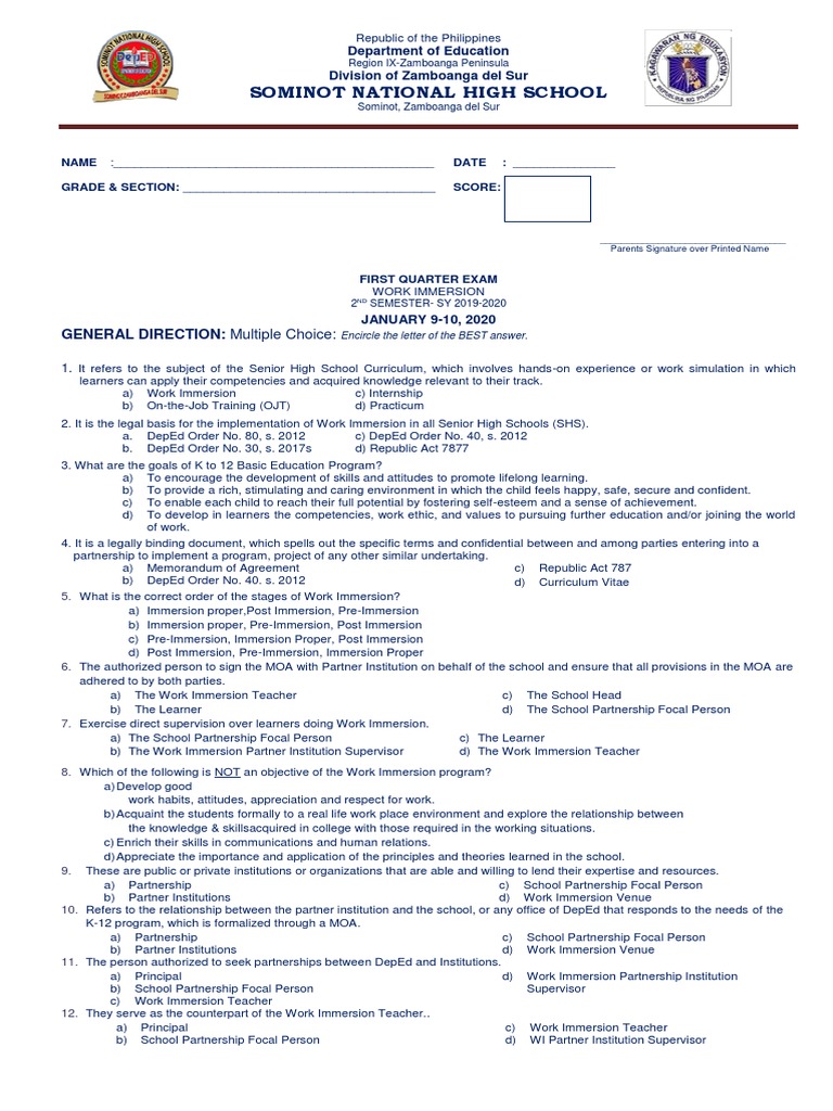1st Quarter Exam For 2nd Semester - Work Immersion | Download Free PDF ...