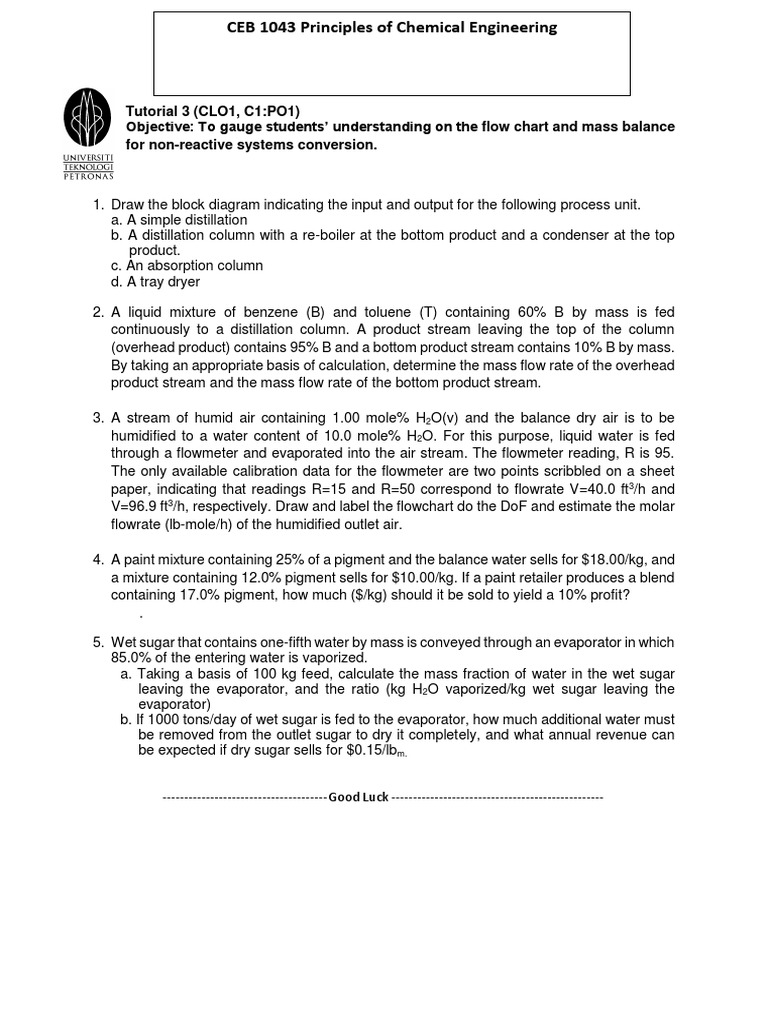 Tutorial 3 - Mass Balance For Non Reactive System | PDF | Distillation ...