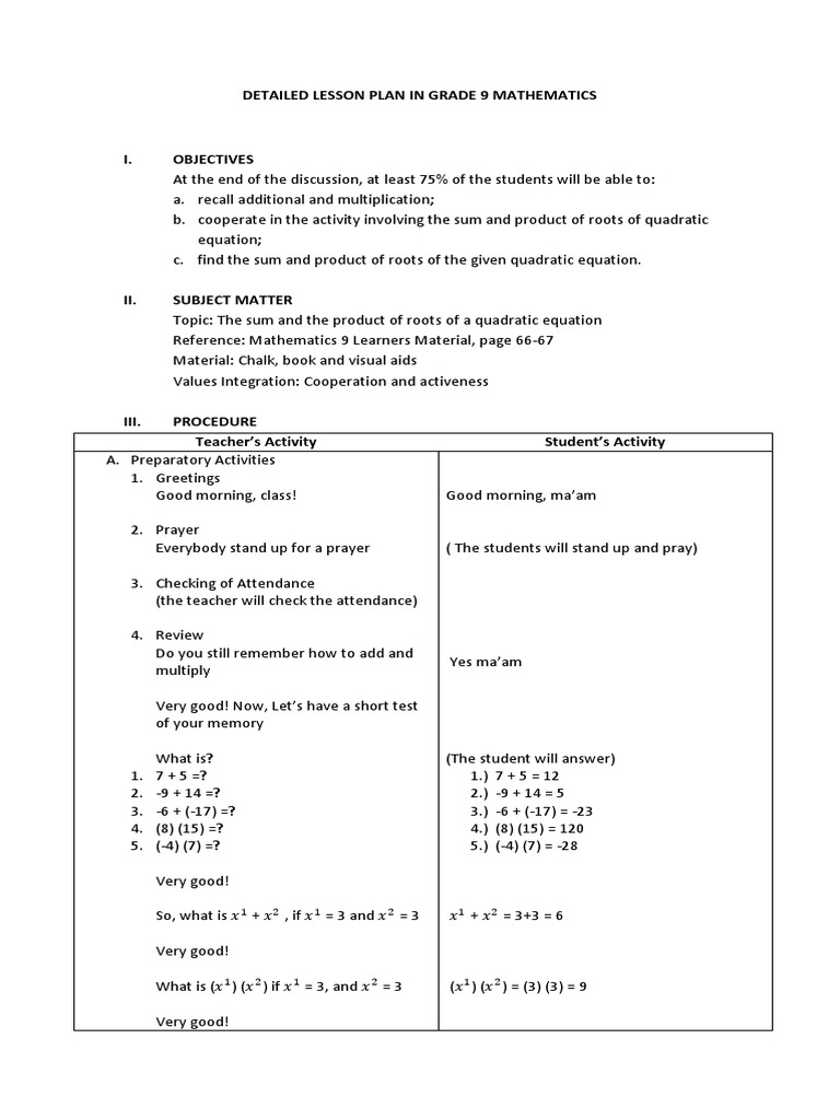Detailed Lesson Plan in Grade 9 Mathematics-Lesson 4 | PDF | Quadratic ...