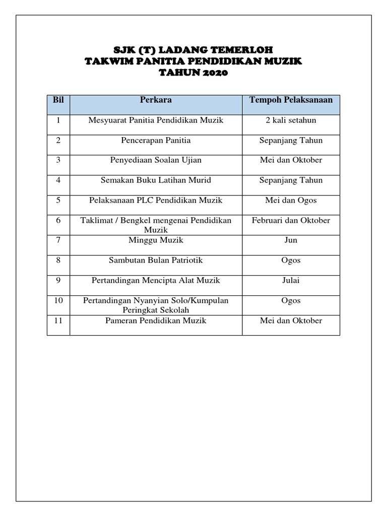 TAKWIM PANITIA Muzik | PDF