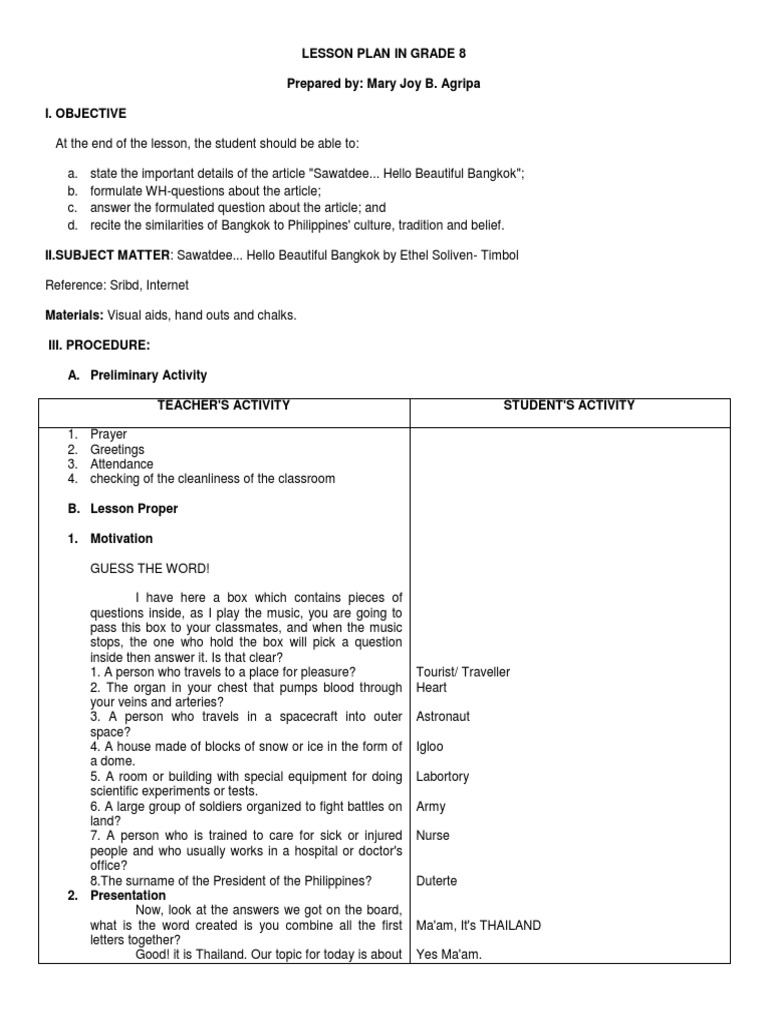 Grade 8 | Download Free PDF | Lesson Plan | Cognition