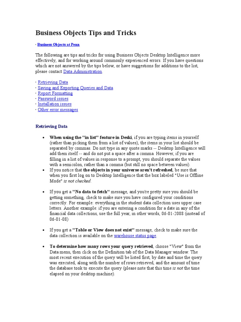 Business Objects Tips for Effective Use | PDF | Windows Registry | Data ...