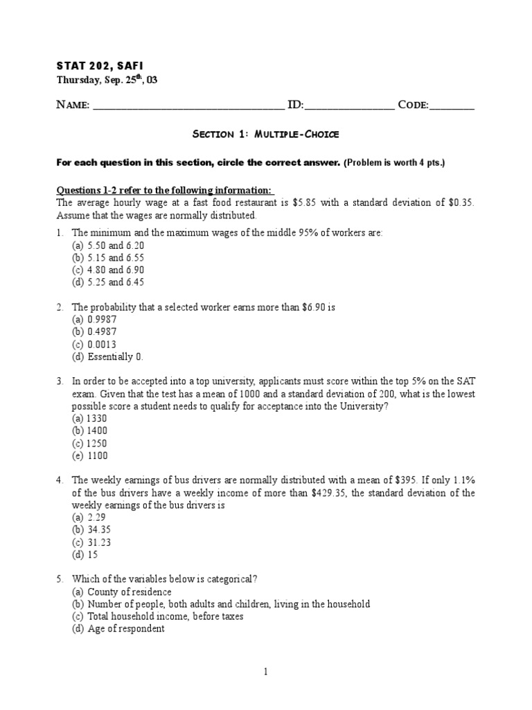 Statistics Exam: Multiple Choice & Problems | PDF | Correlation And ...