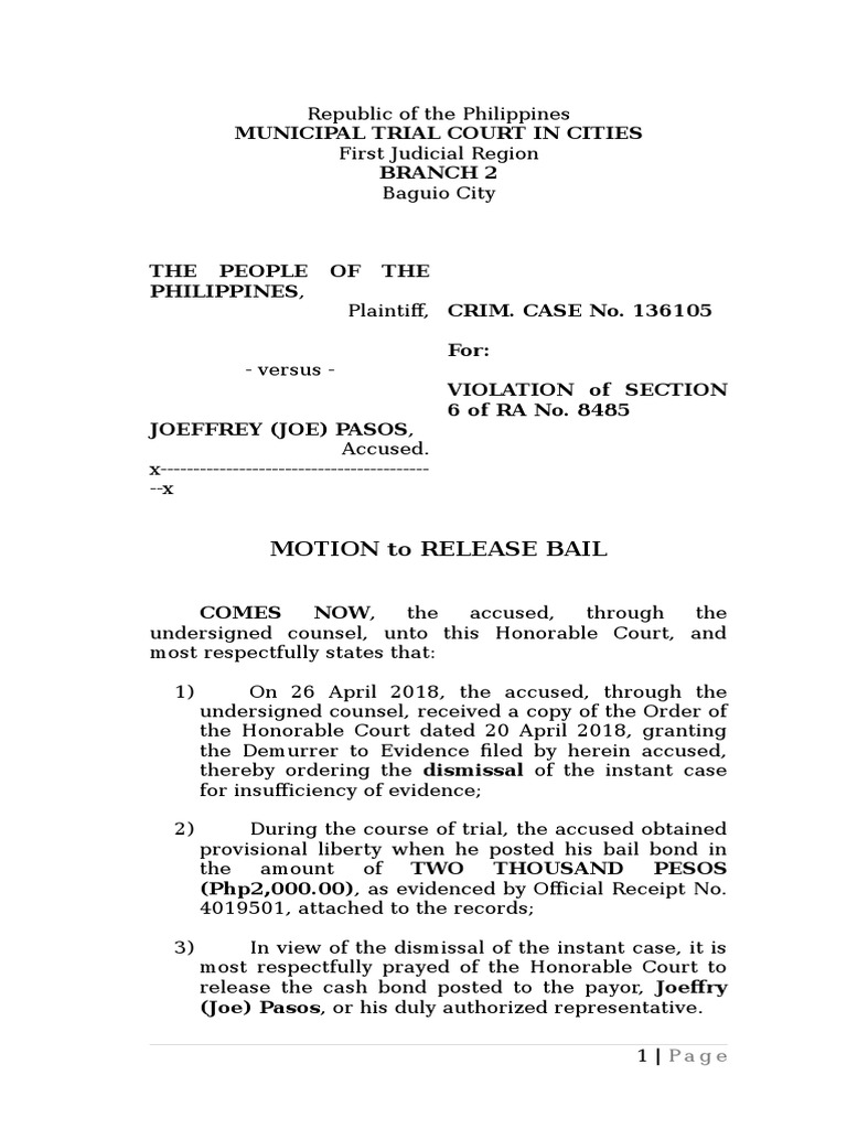 Motion To Release Bail (Pasos) | PDF | Bail | Separation Of Powers