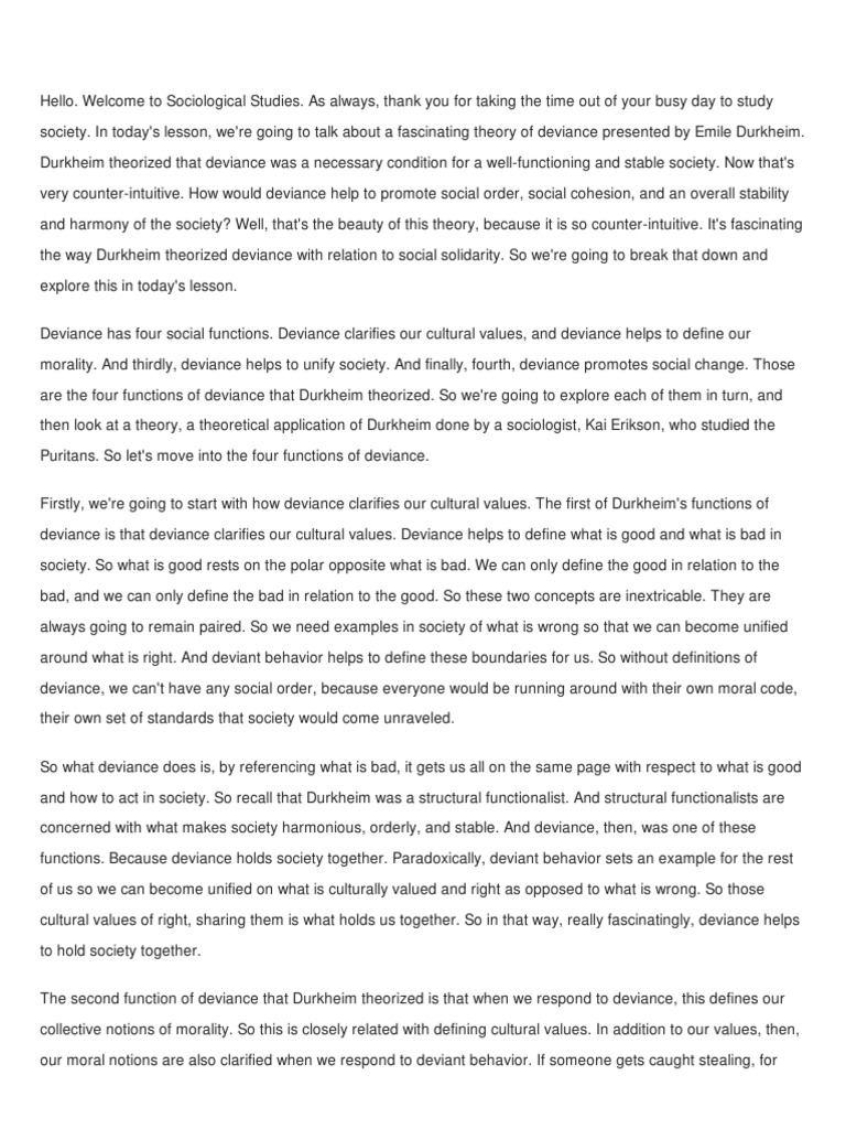 Durkheim's Theory of Deviance Promotes Social Order | PDF | Deviance ...