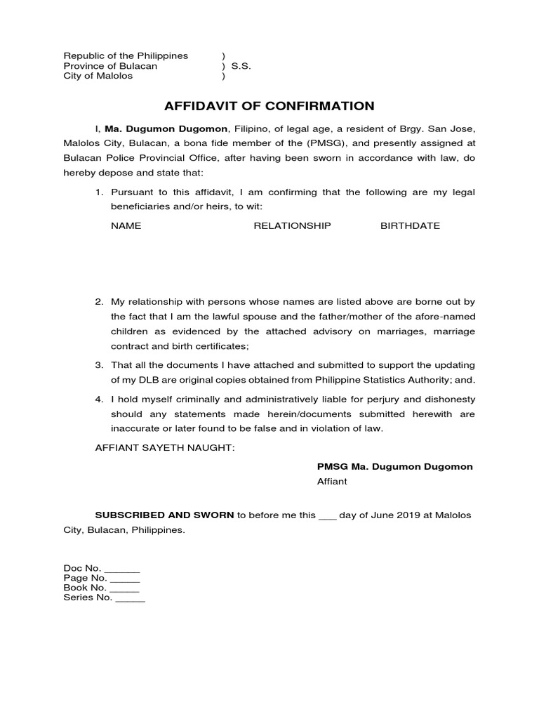 Affidavit of Confirmation Sample | PDF