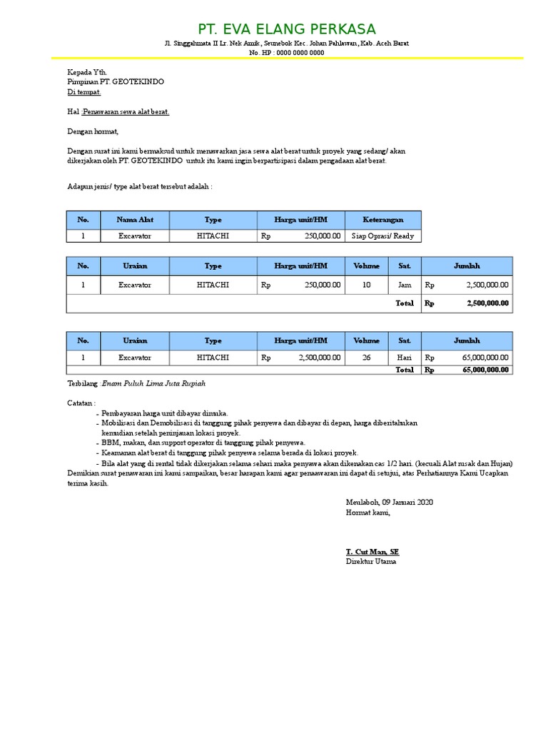 Surat Penawaran Alat Berat | PDF