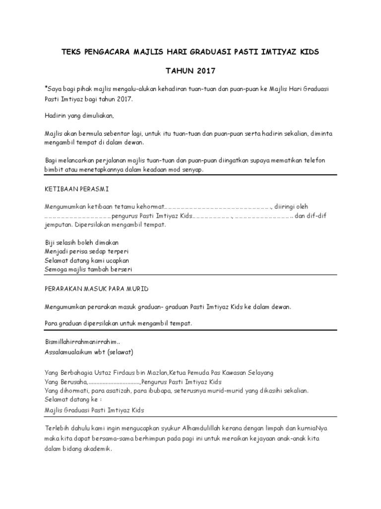 Teks Pengacara Majlis Hari Graduasi Pasti Imtiyaz Kids | PDF