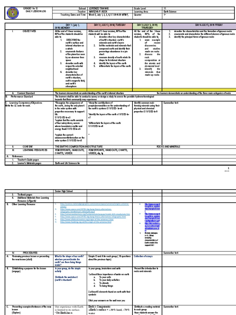 DLL Earth Science Week 5 | PDF | Earth | Rock (Geology)
