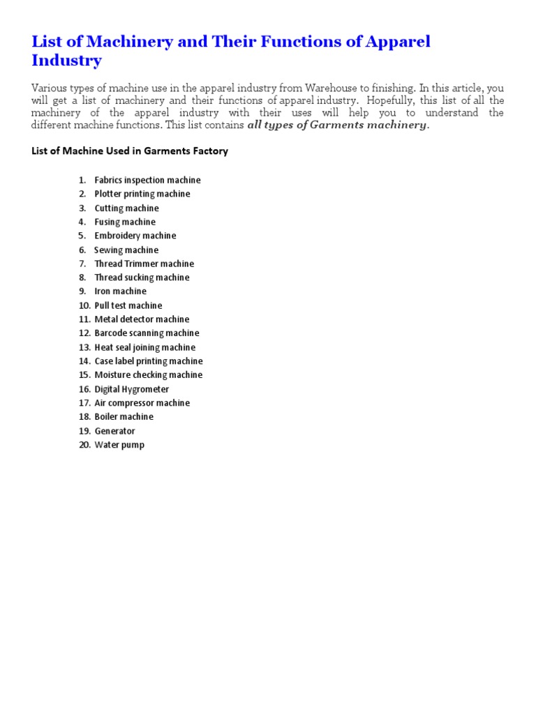 List of Machinery and Their Functions of Apparel Industry PDF | PDF ...