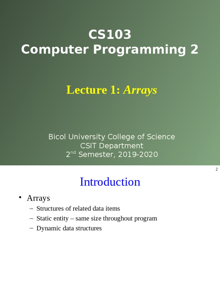 Cs 103 Lecture 1 Arrays Pdf C Programming Language Array Data Structure