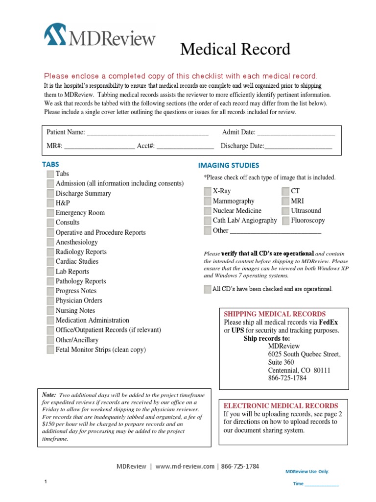 Medical Record Submission Checklist | PDF | Medical Record | Radiology