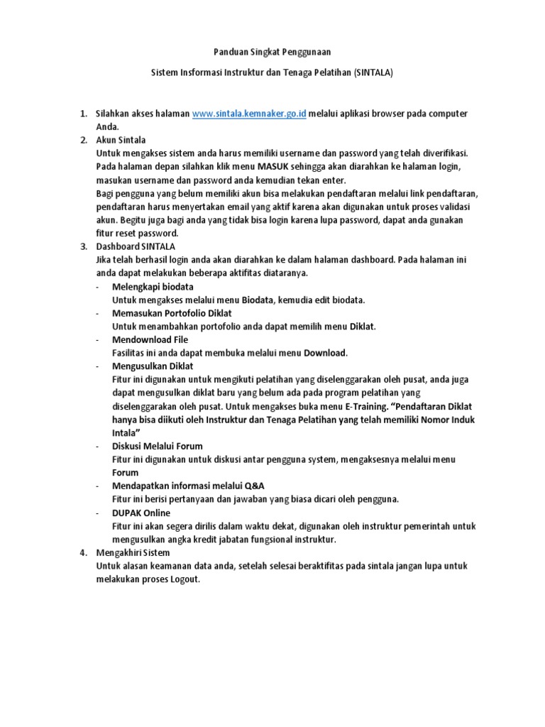 Panduan Penggunaan Sistem Informasi SINTALA | PDF