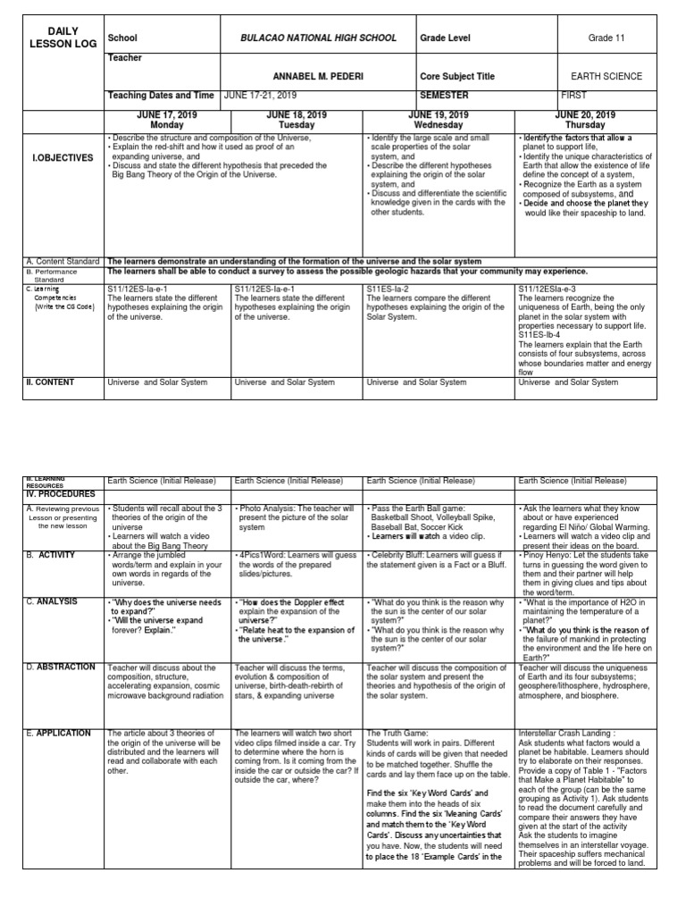 Daily - Lesson - Log - in - Earth sCIENCE 2020 | PDF | Universe | Earth