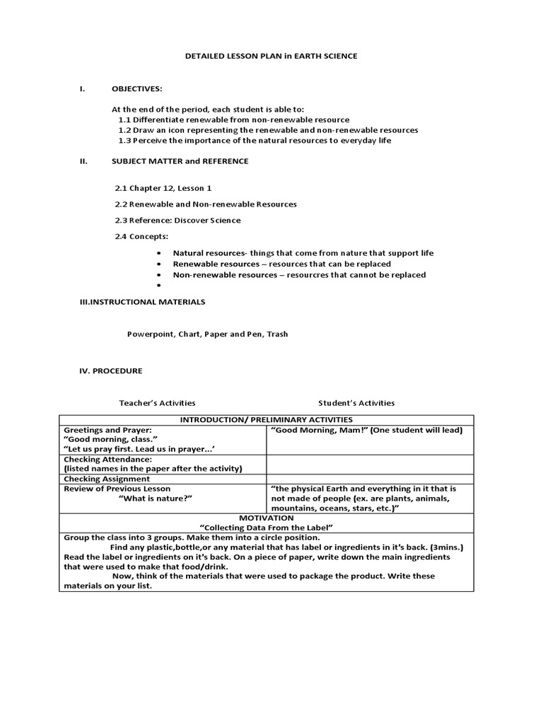 DETAILED LESSON PLAN in EARTH SCIENCE | PDF | Renewable Resources ...