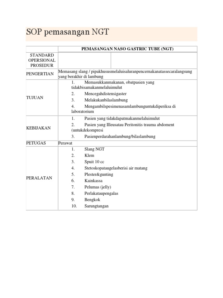 SOP Pemasangan NGT | PDF