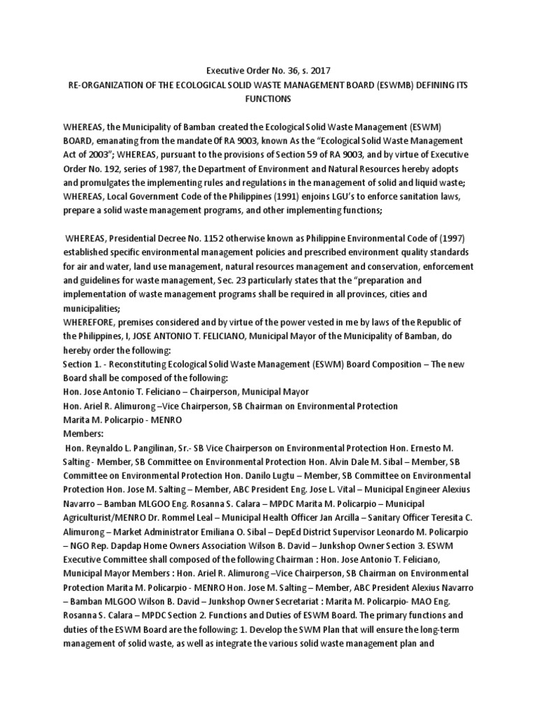 Executive Order For BESMWC | PDF | Waste Management | Municipal Solid Waste