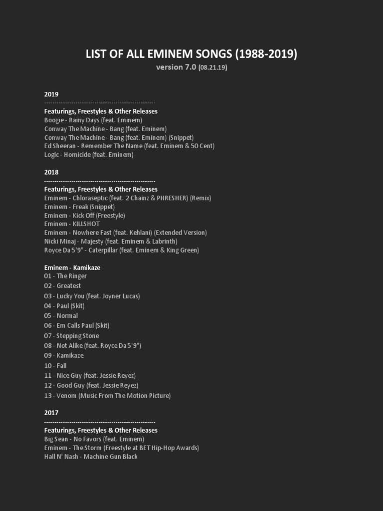 List of All Eminem Songs (1988-2019) | PDF | African American Music ...