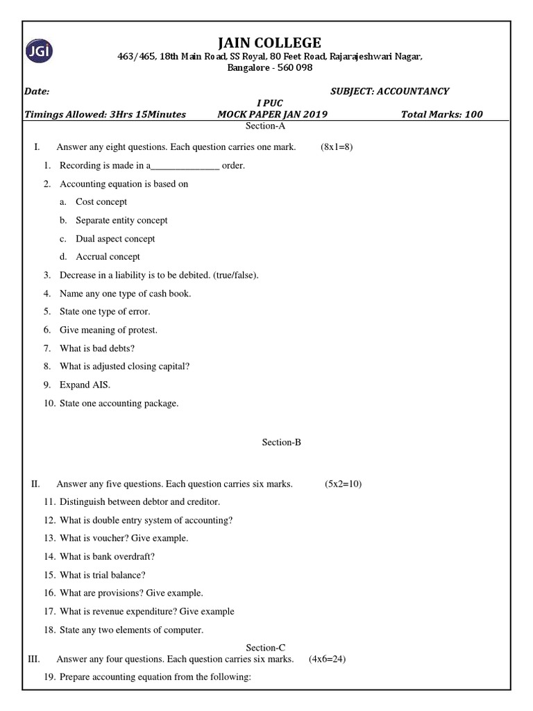 Karnataka I PUC Accountancy 2019 Model Question Paper 1 | PDF | Debits ...