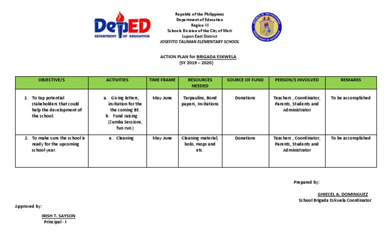 ACTION PLAN For BRIGADA ESKWELA | PDF