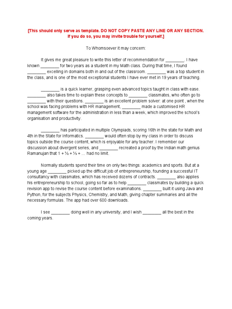 Math Recommendation Template | PDF | Teaching Mathematics