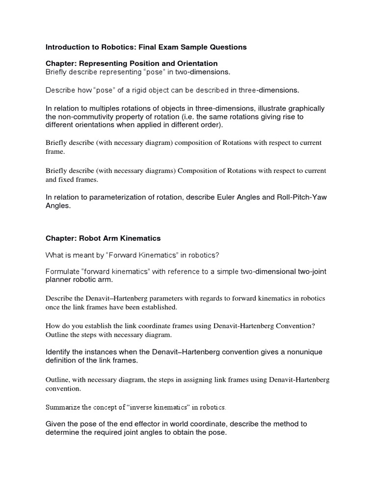 Intro2Robotics Sample Questions | PDF | Kinematics | Physics