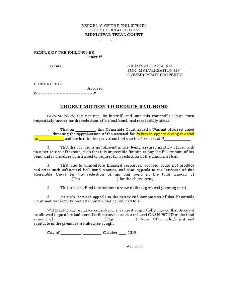 Motion To Reduce Bail Bond - DRAFT | PDF | Bail | Prosecutor