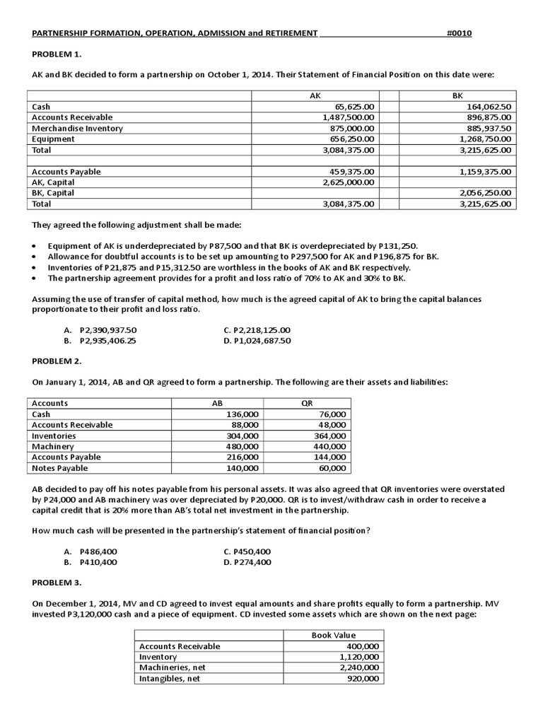 Partnership Formation - Problems | PDF | Book Value | Balance Sheet