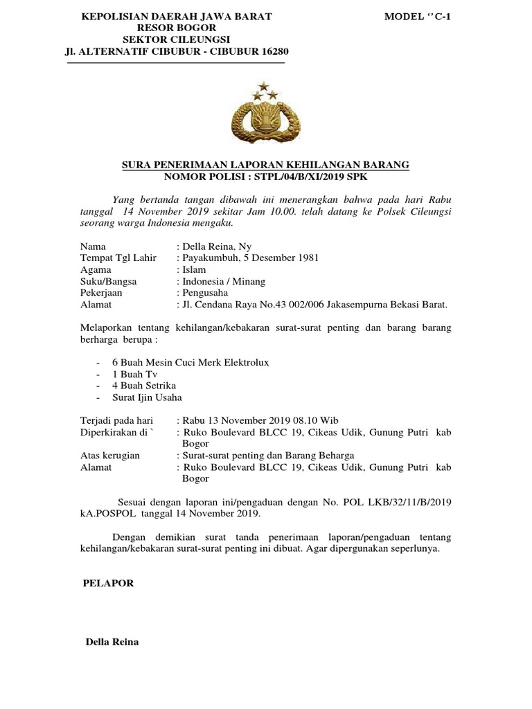 Contoh Surat Tanda Penerima Laporan Kehilangan Barang Model C 1 | PDF