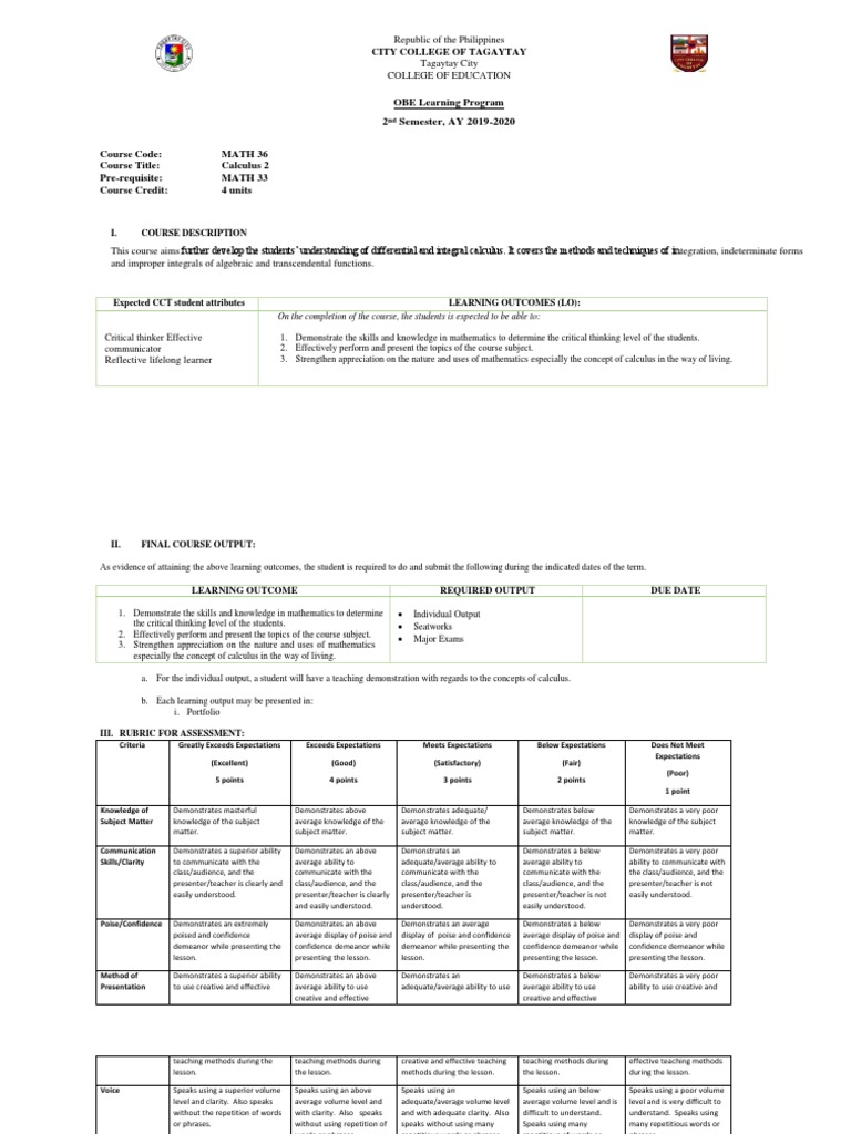 Syllabus Calculus 2 | PDF | Integral | Derivative