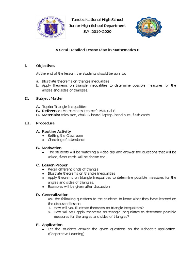 Lesson Plan On Triangle Inequalities | PDF | Lesson Plan | Educational ...
