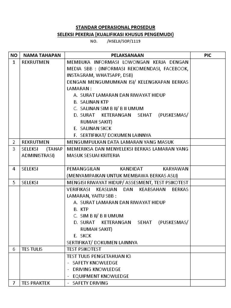SOP Rekrutmen Karyawan Pengemudi | PDF