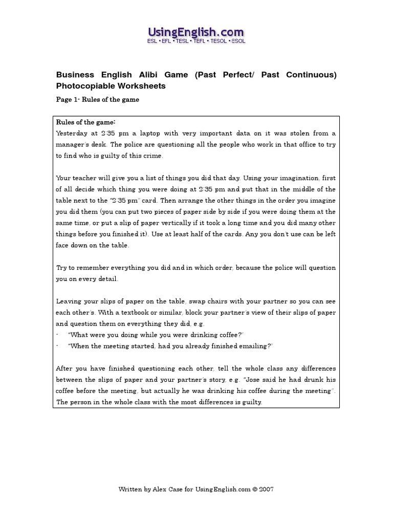 Business English Alibi Game Worksheet | Computing And Information ...