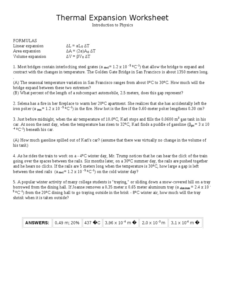 Thermal Expansion Worksheet PDF | PDF