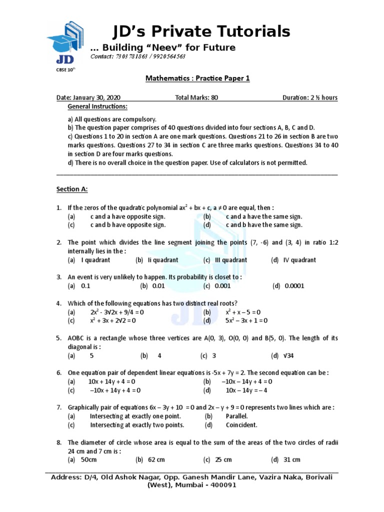 CBSE - 10th - Practice Paper | PDF | Area | Triangle