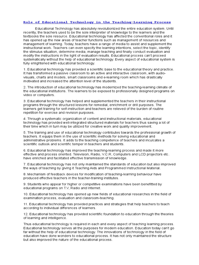 Role of Educational Technology in The Teaching | PDF | Educational ...